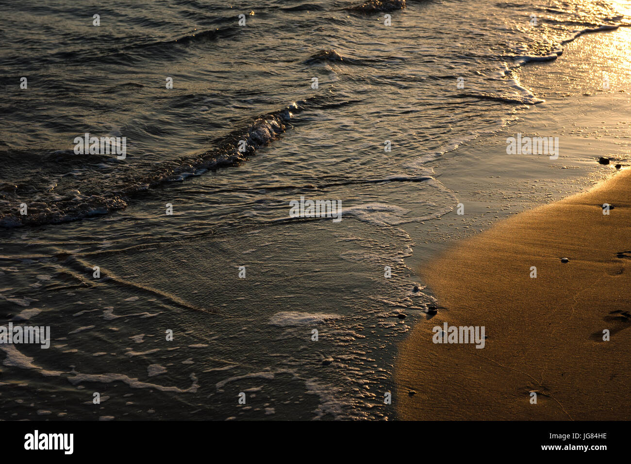 Waves approaching beach sand during golden sunset Stock Photo - Alamy