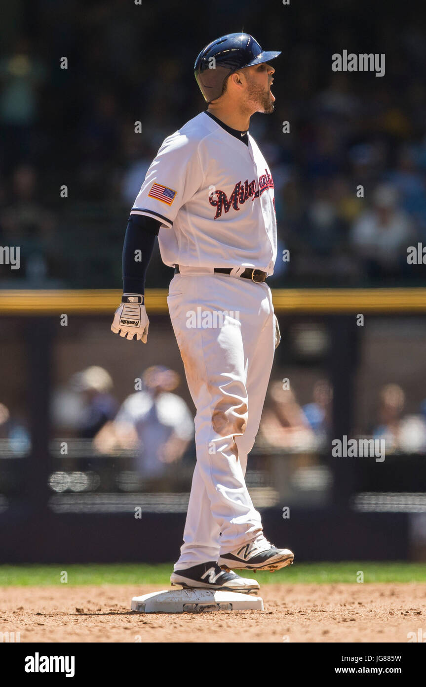 Milwaukee, USA. 03rd July, 2017. Milwaukee Brewers catcher Manny Pina ...