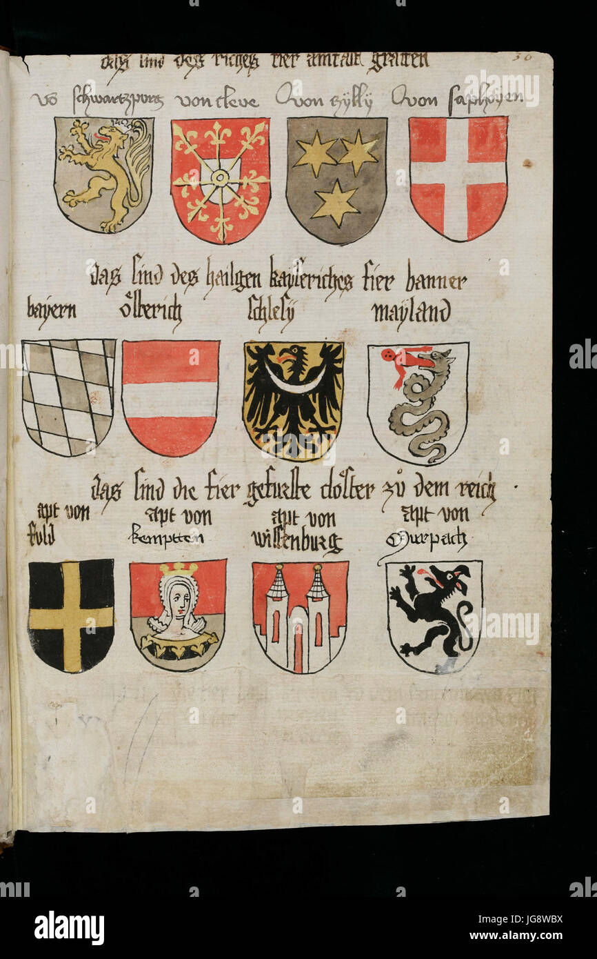 A page from the Wappenbuch, a historical heraldic book, showing coats ...