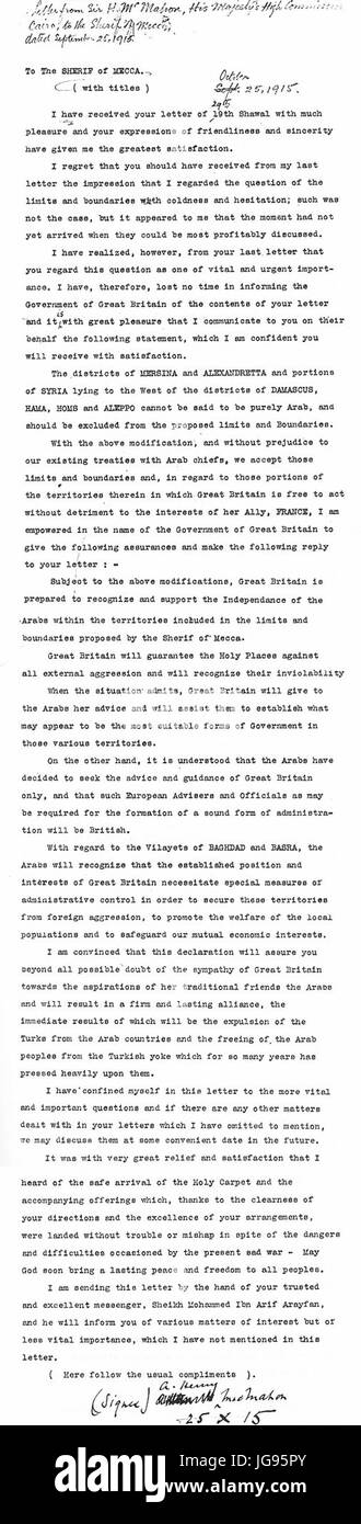 McMahon-Hussein Letter 25 October 1915 Stock Photo - Alamy