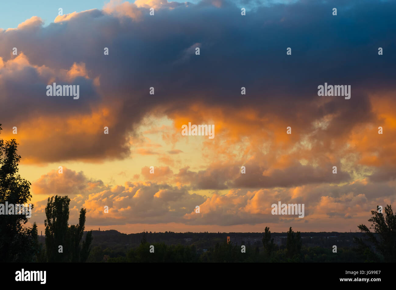 landscape with dramatic light - orange clouds and the outline of trees ...
