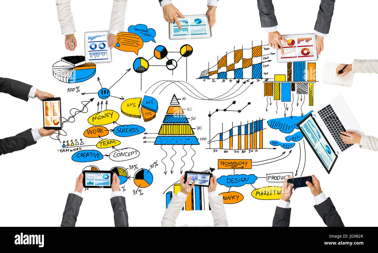 Group of people with devices in hands working together as symbol of ...