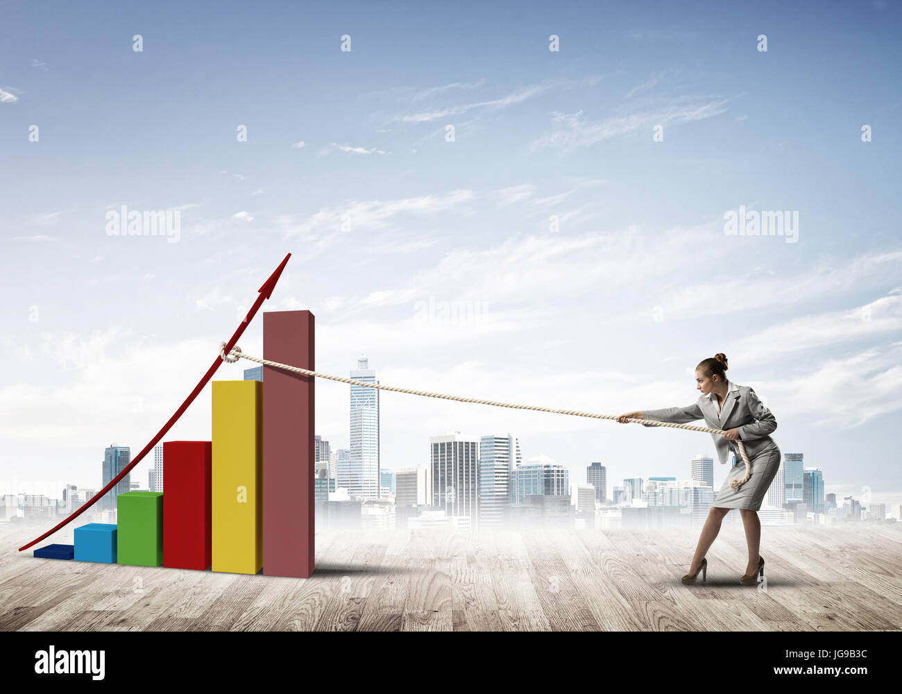 Young woman outdoors and growing graph presenting growth progress Stock ...