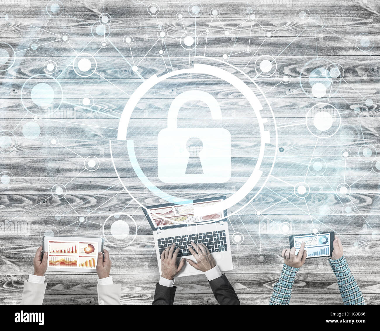 Group of people with devices in hands working together and symbol of ...