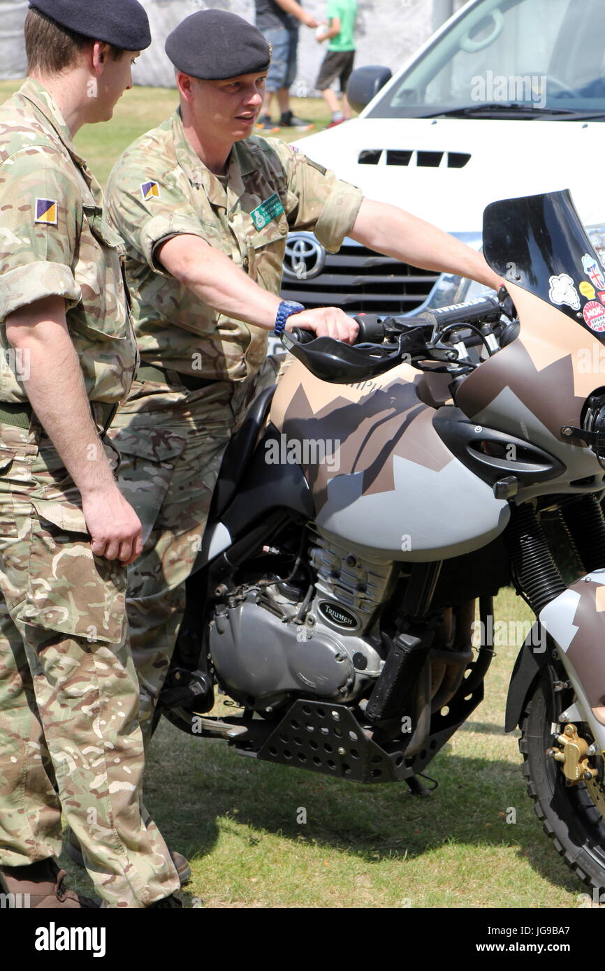 Sandhurst, Surrey, UK - June 18th 2017: Two British Army motorcyclists ...