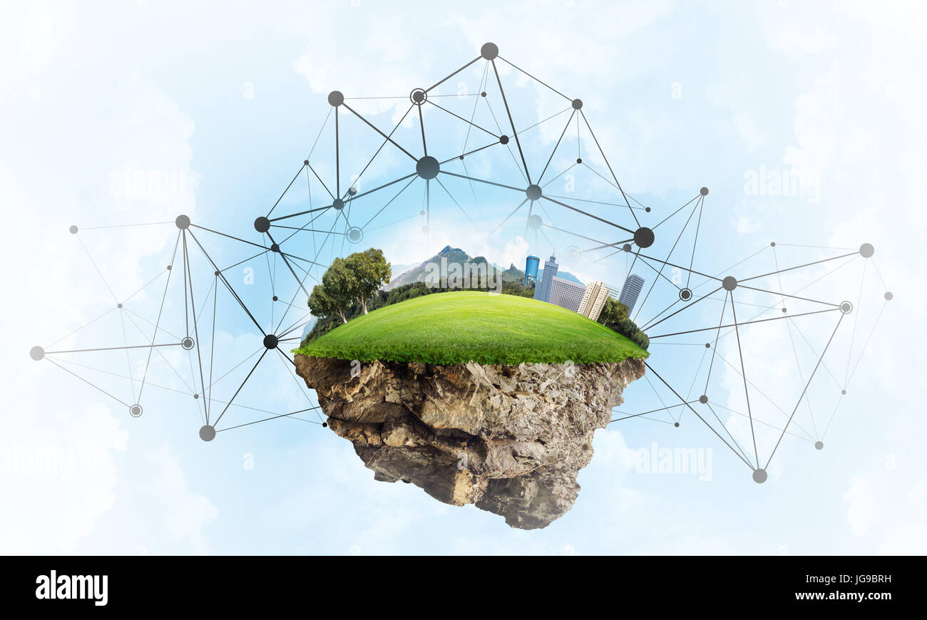 Beautiful small island with grass and cityscape levitating in the sky ...