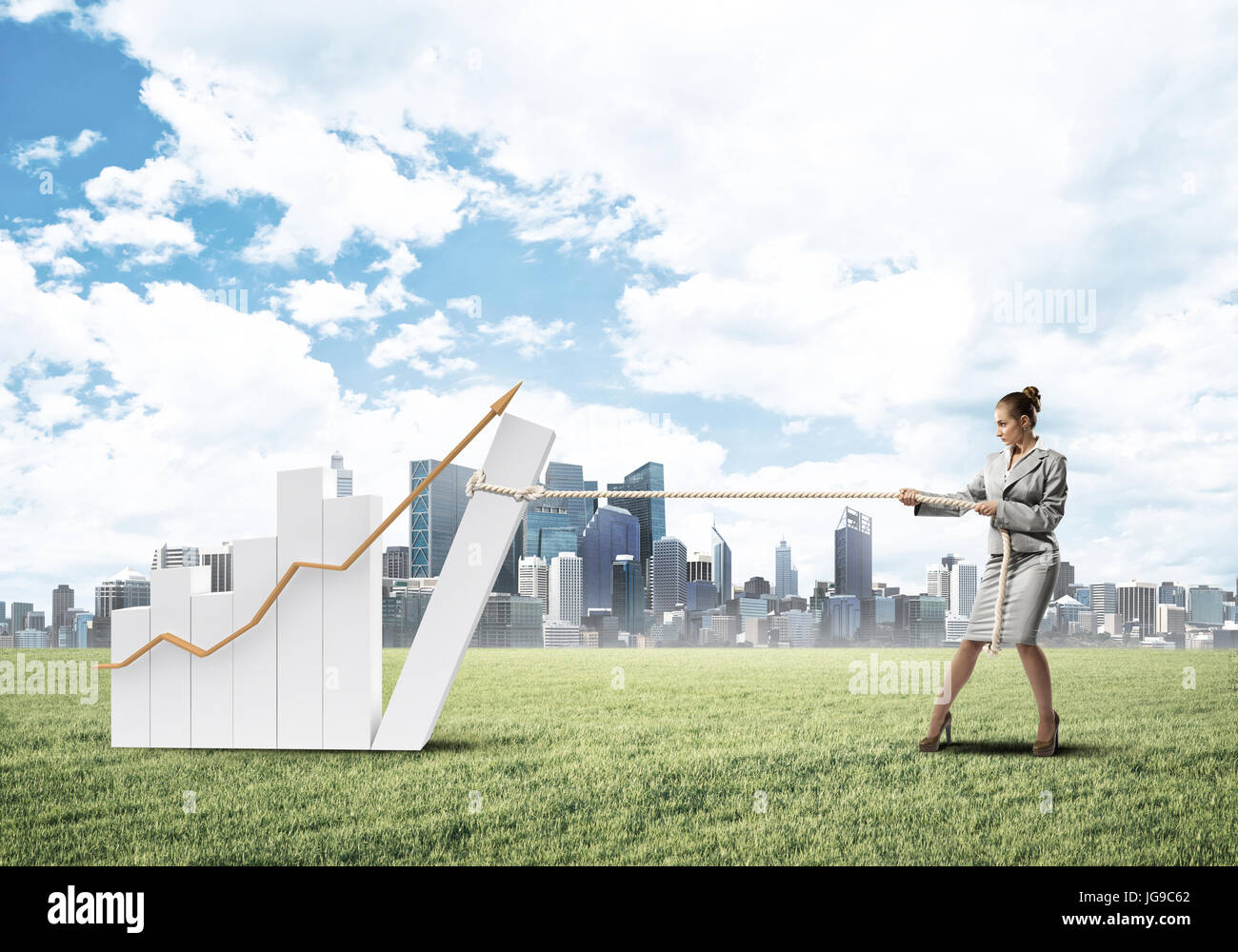 Young woman outdoors and growing graph presenting growth progress Stock ...