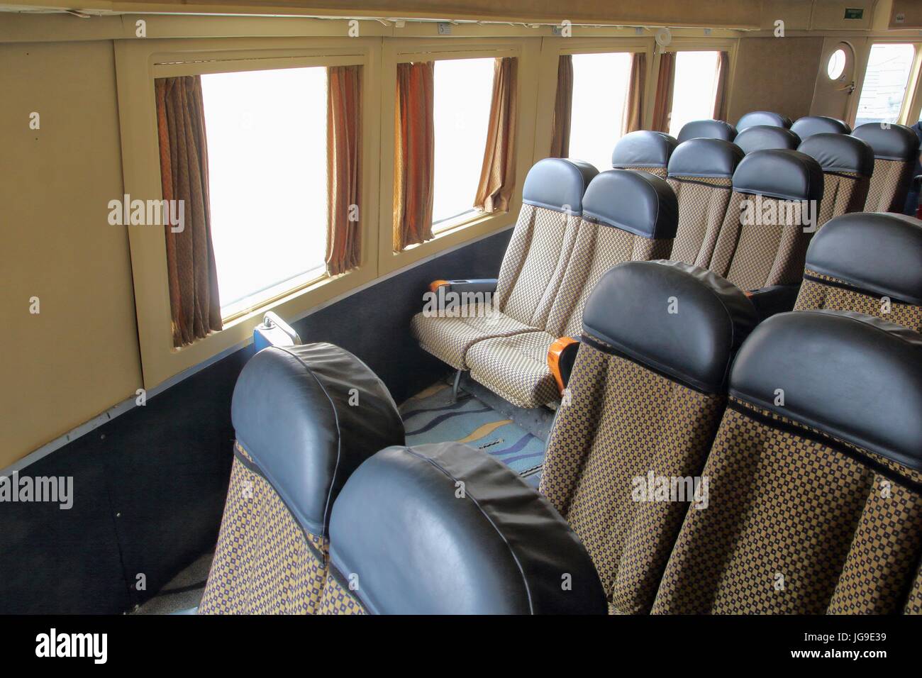 Seats in the passenger cabin of an old vintage disused SRN4 cross ...