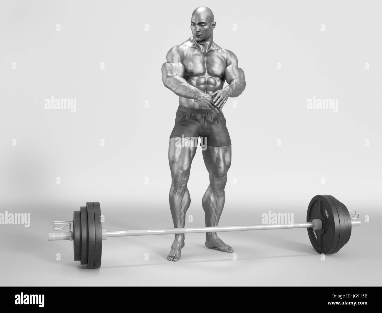 Bodybuilder posing and flexing his body in front of a barbell. This is ...