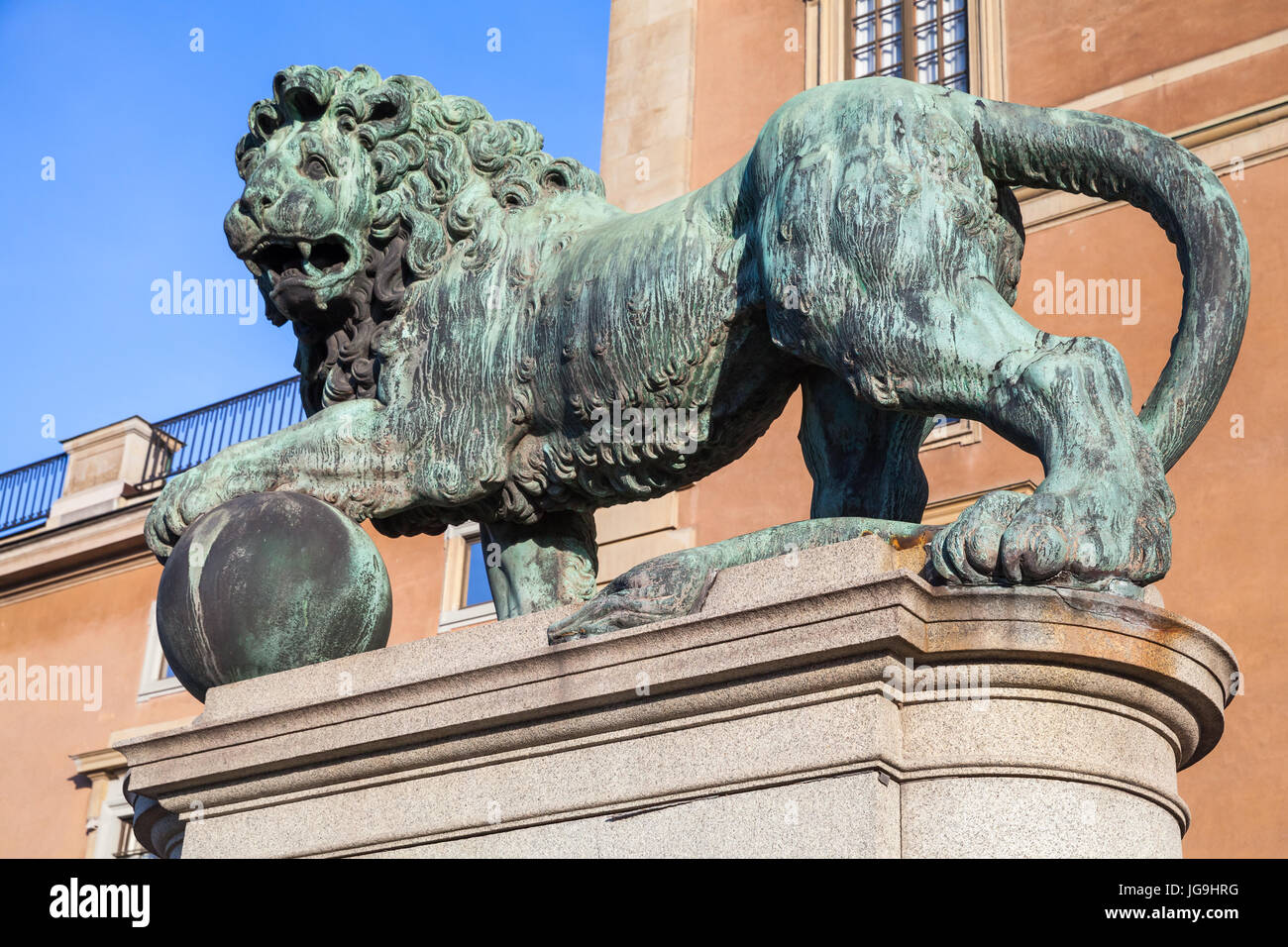 Bronze statue of lion at Royal Palace in old Town of Stockholm, Sweden ...