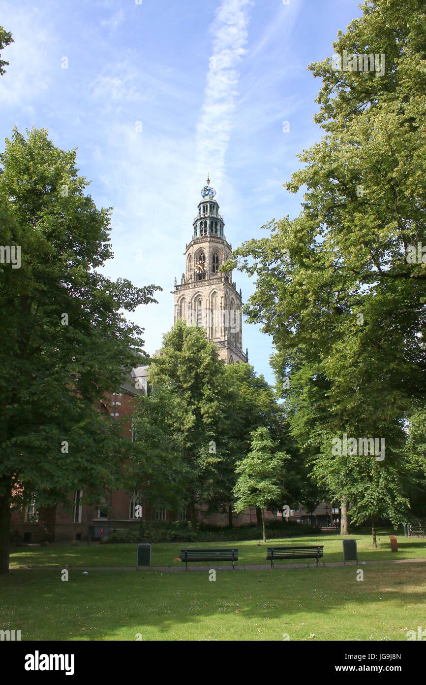 Iconic Martinitoren tower seen from Martinikerkhof in summer, centre of ...
