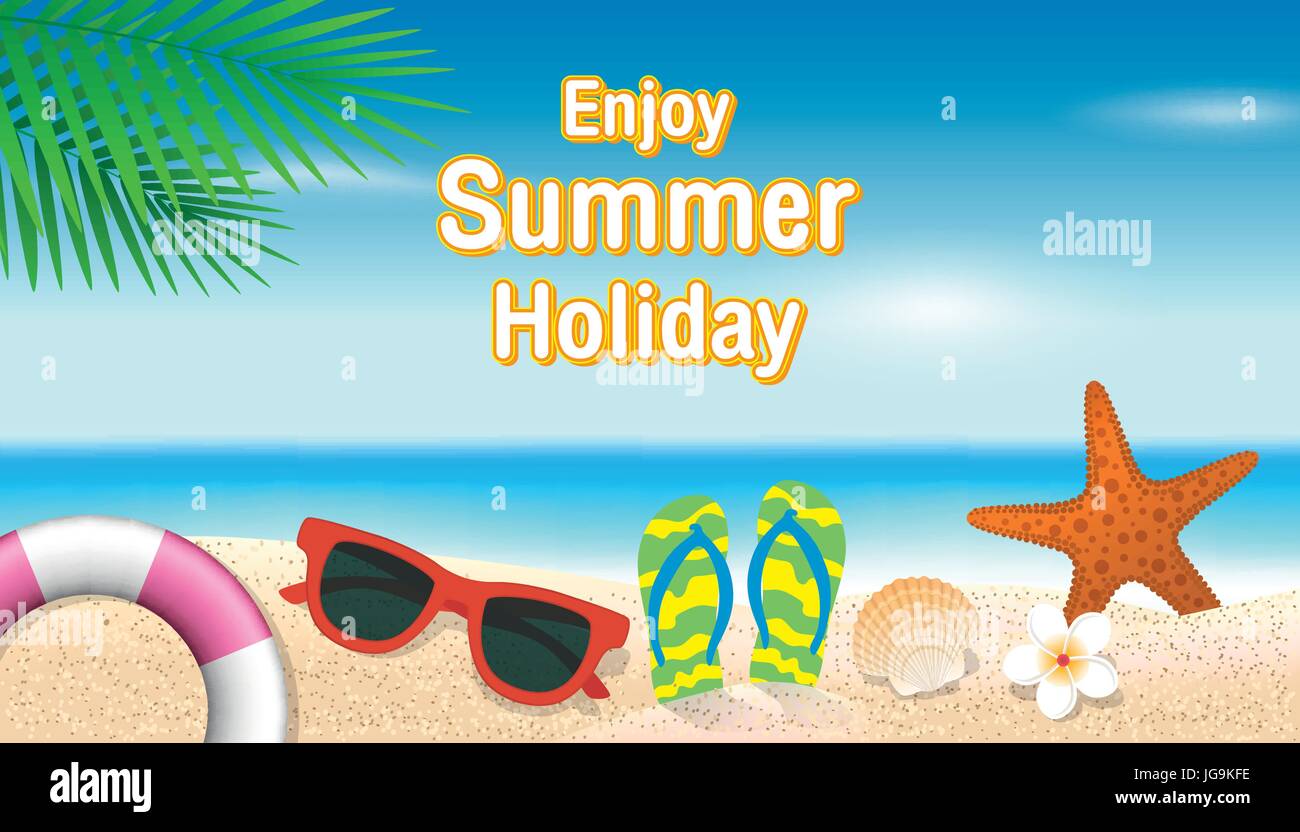 Summer holiday background. Lifebuoy, sunglasses, starfish, shell, flip ...