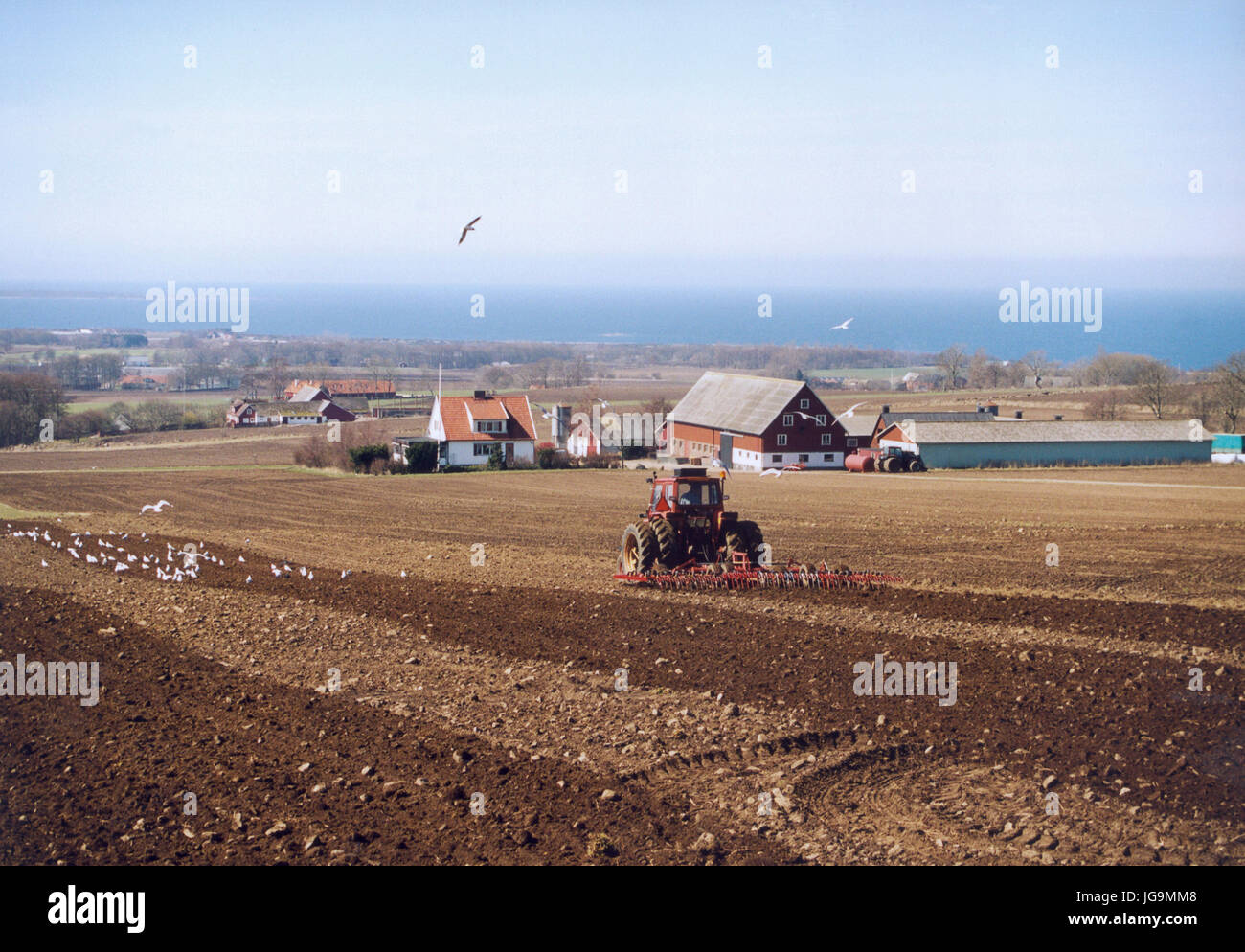 SPRING TILLAGE 2004 working with harrow on tractor Stock Photo - Alamy