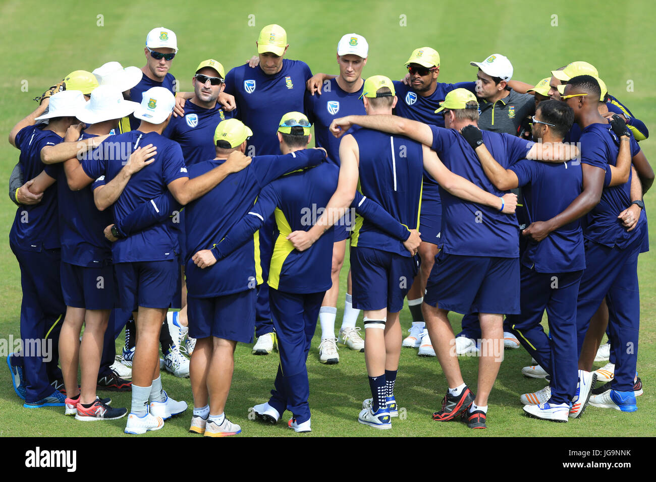 South Africa's team huddle including captain Dean Elgar (second left ...