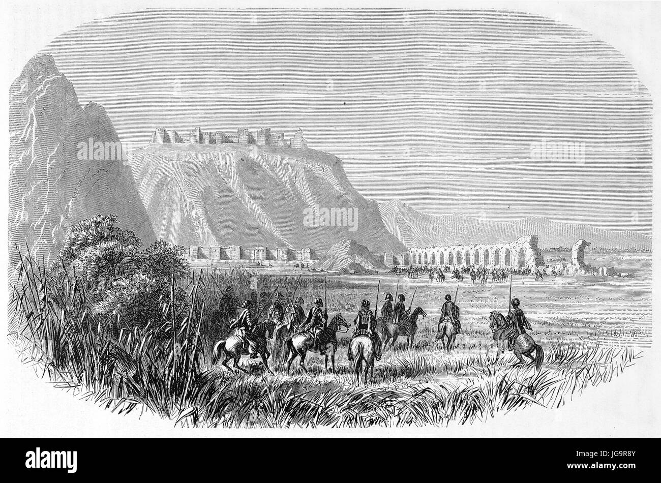 Old view of Anazarbus aqueduct and Anavarza castle in background ...