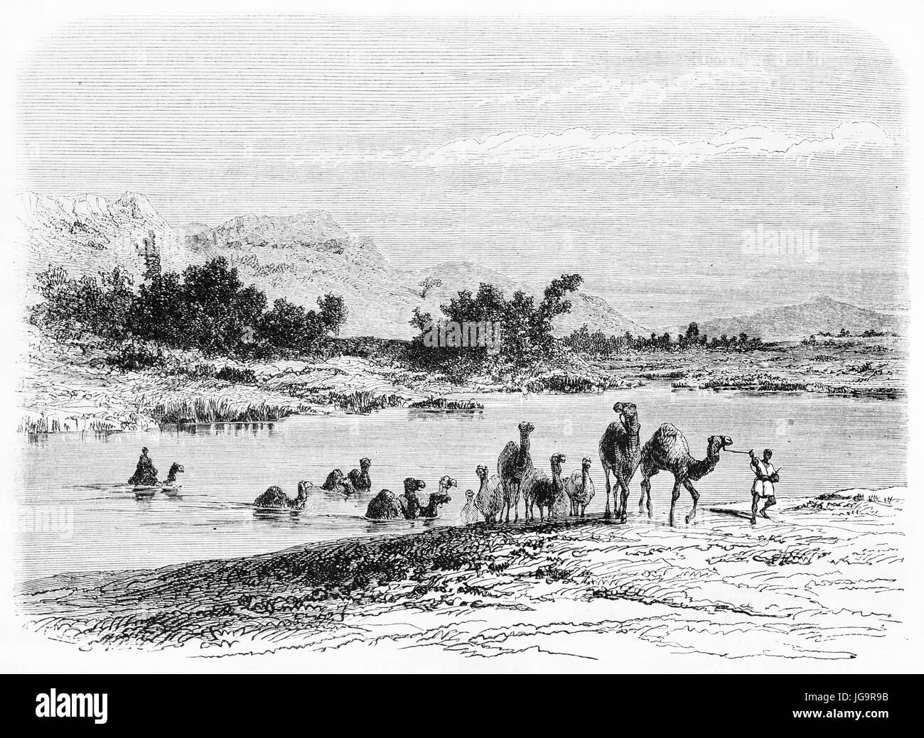 Old view of Atbarah river, Sudan, Nile tributary. Created by Girardet ...