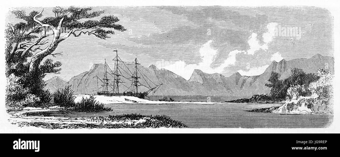Old illustration of De Gennes river mouth, Chile. Created by De Bèrard ...