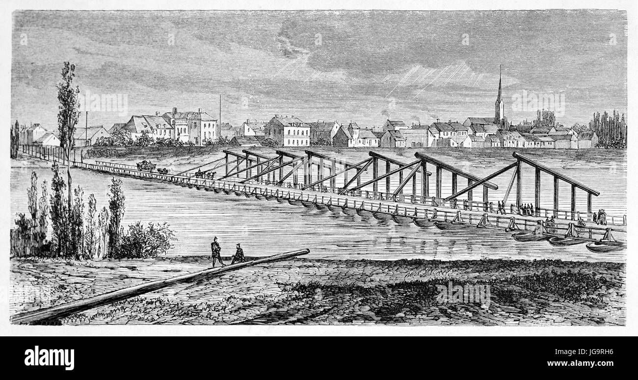 Kehl pontoon bridge over Rhine river connecting to town shore. Ancient ...