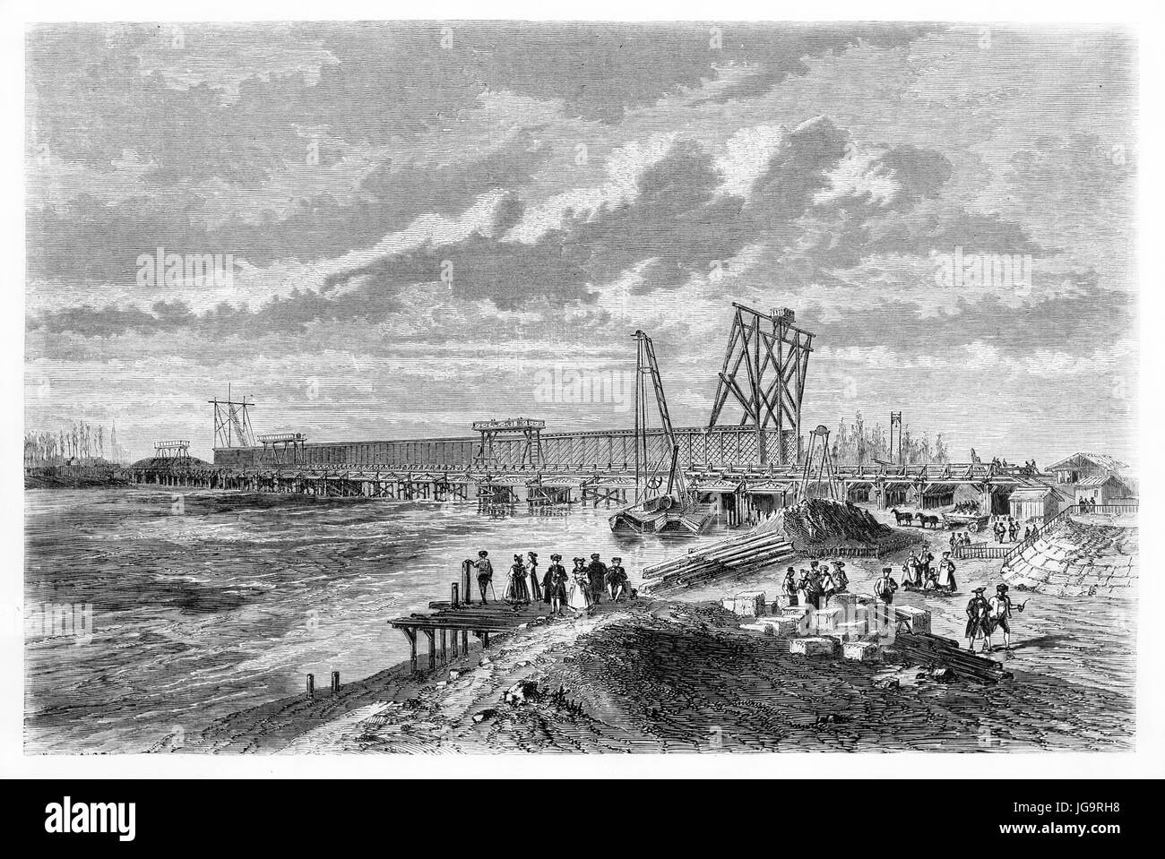 Kehl pontoon bridge over Rhine river connecting to town shore. Ancient ...