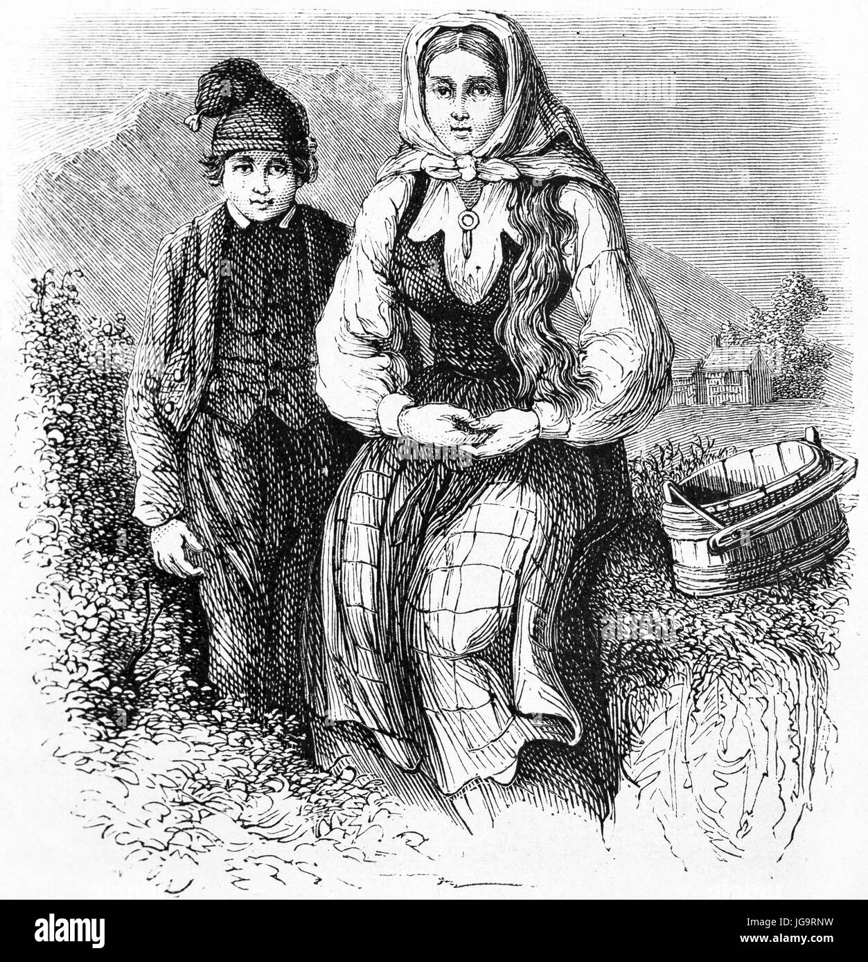 Norwegian sad peasants girl and boy posing outdoor in countryside ...