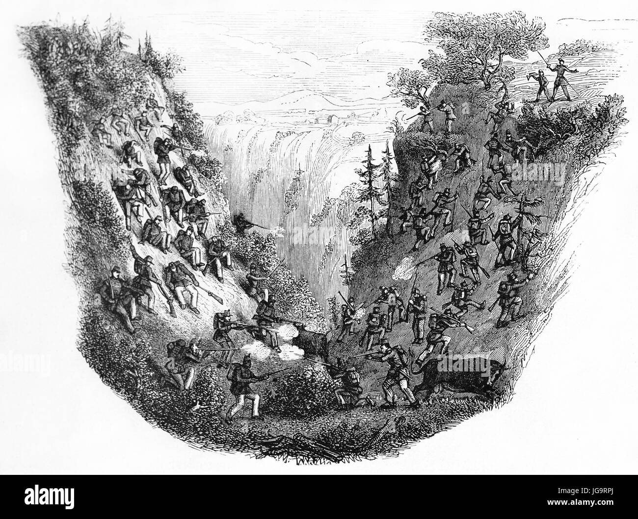 petty warfare between two armies placed on two opposite canyon sides ...