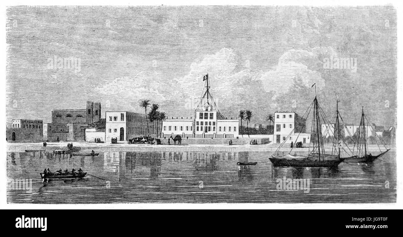 front view from flat sea water of Saint-Louis buildings, Senegal ...