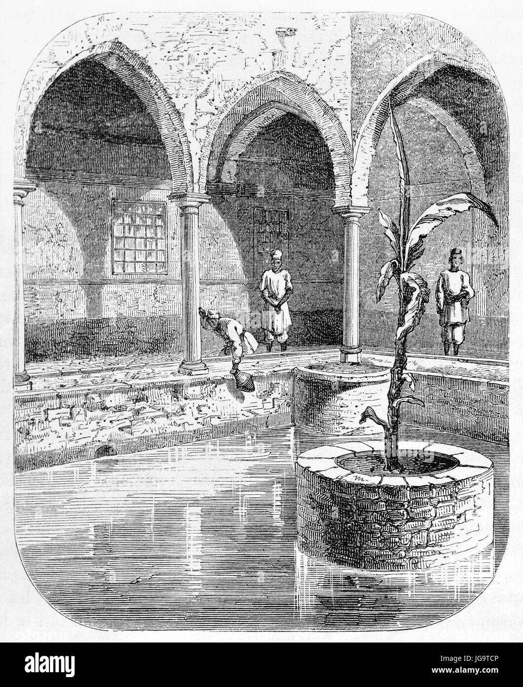 arab pointed arches cloister detail and pool with plant in Tripoli ...