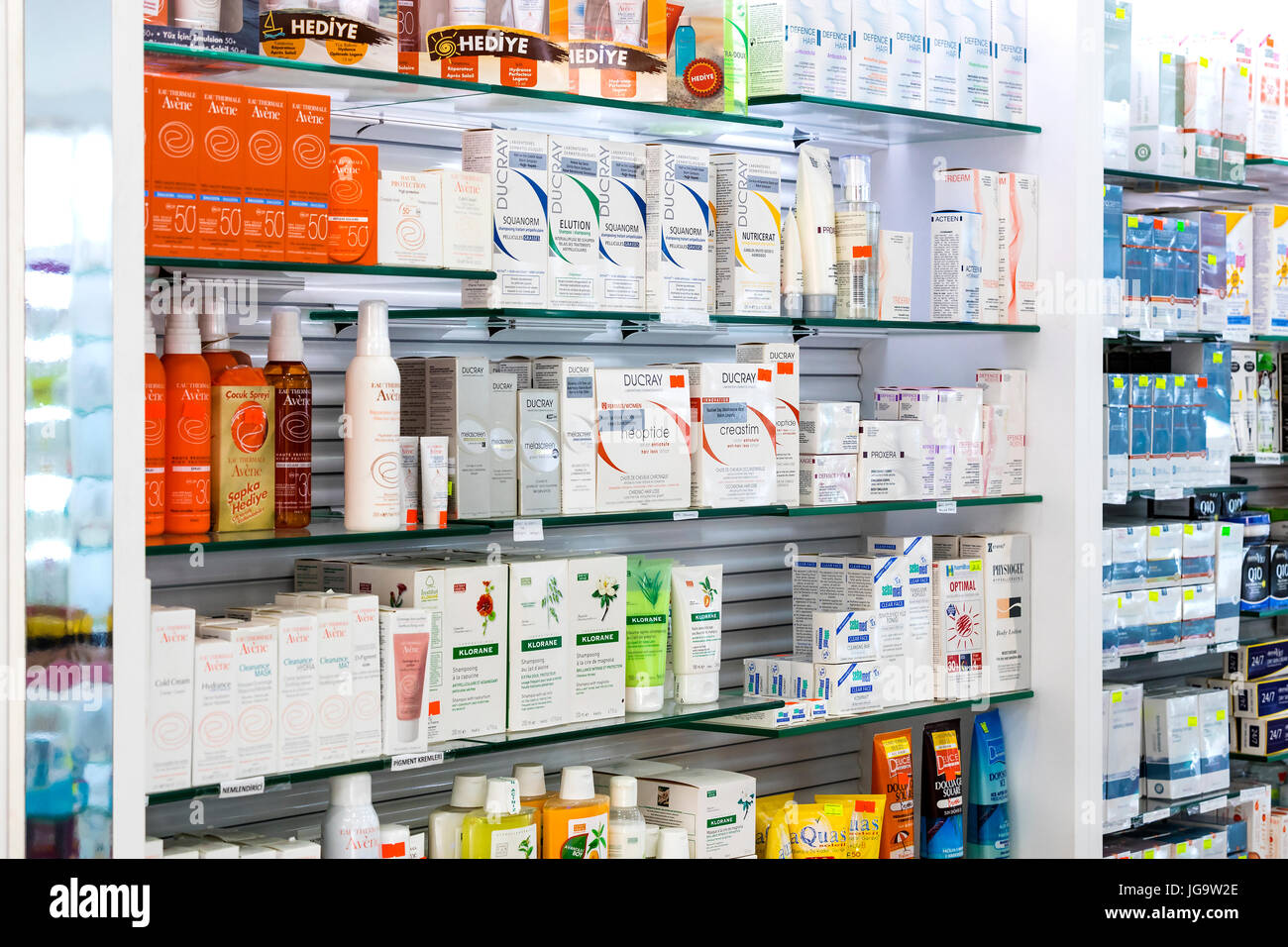 MARMARIS, TURKEY - 1 MAY , 2017: Pharmacy cabinets with medicines and ...