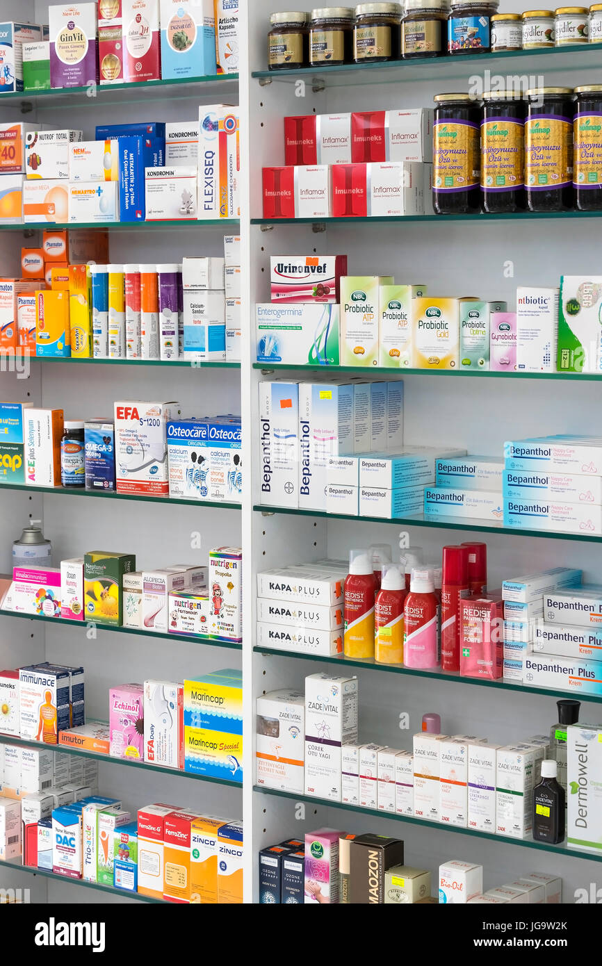 MARMARIS, TURKEY - 1 MAY , 2017: Pharmacy cabinets with medicines and ...