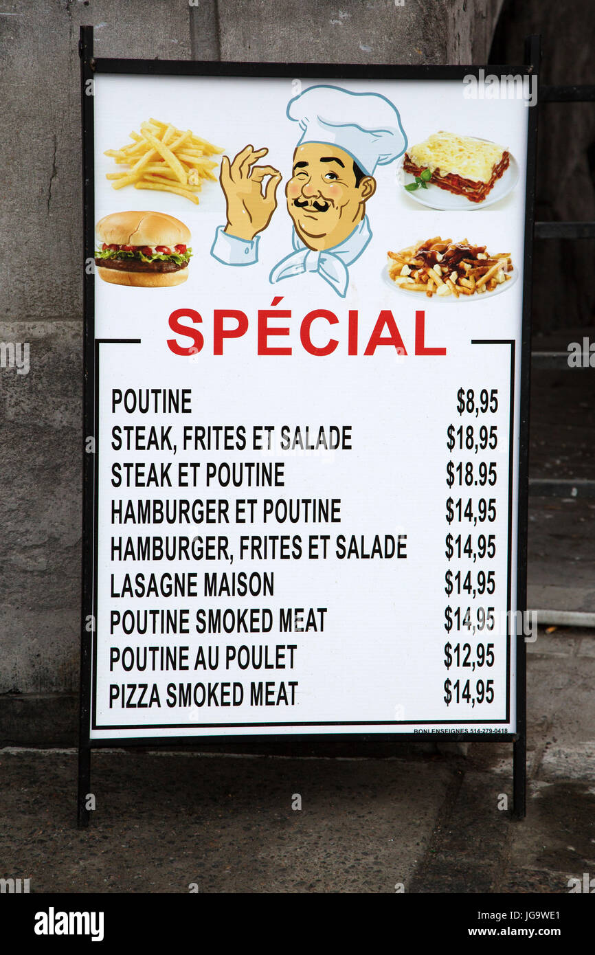A menu lists the specials served at a restaurant in Montreal, Canada ...