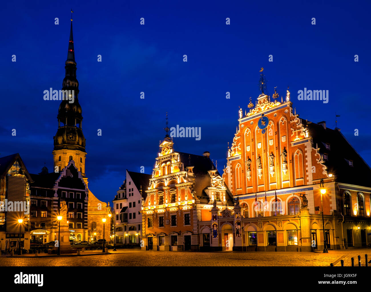 RIGA, LATVIA - CIRCA MAY 2014: Night view of the Town Square Hall with ...
