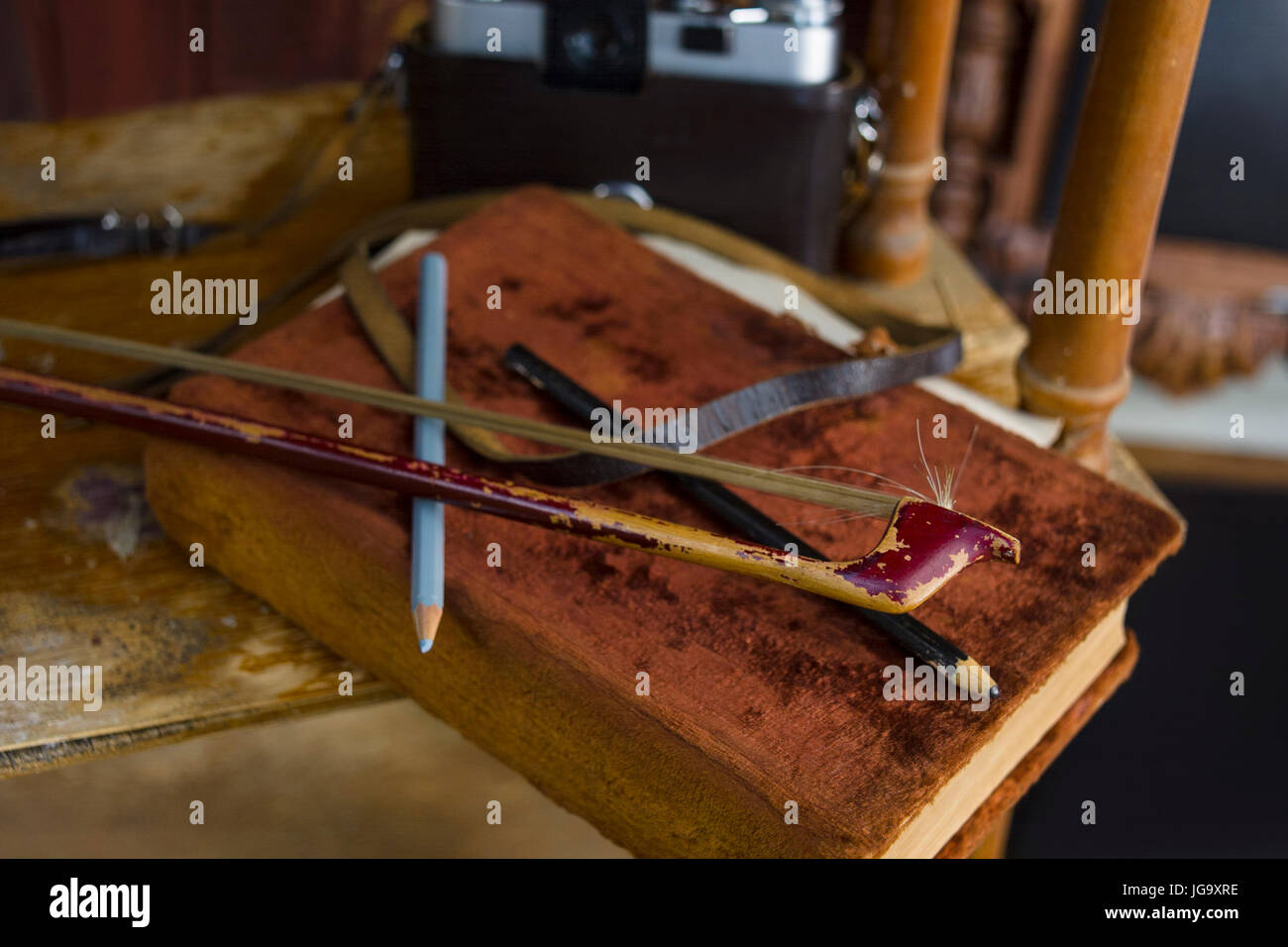 Various hobbies and interests object laid on the wooden shelf, closeup ...