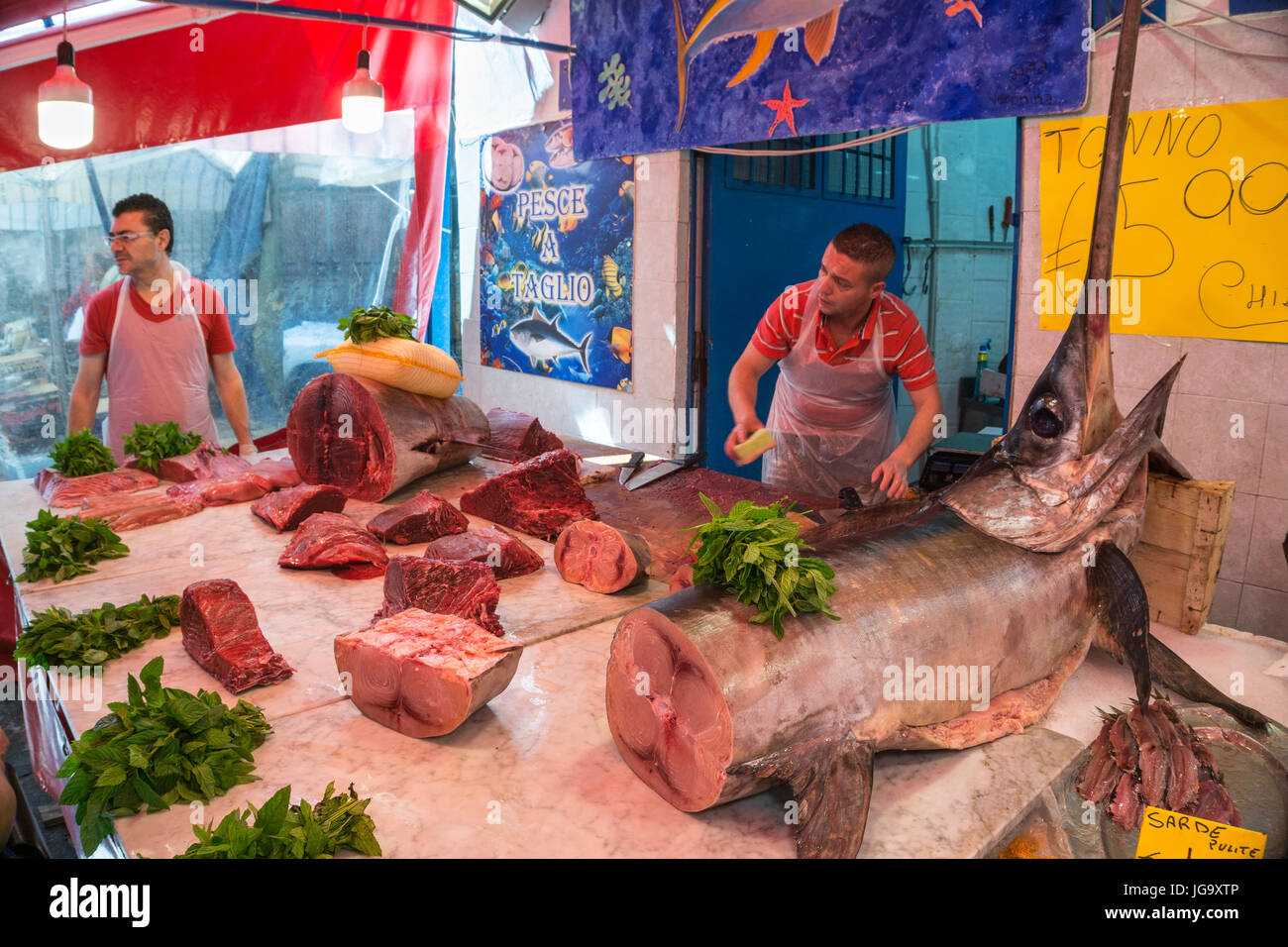 A fishmongers stall in The Ballaro Market in the Albergheria district ...