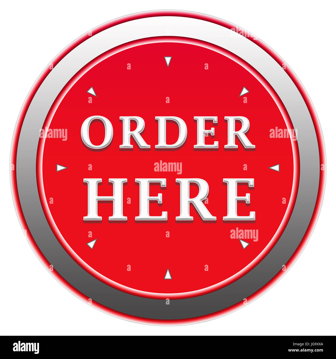 Circular red button order here with arrows on a white background Stock ...