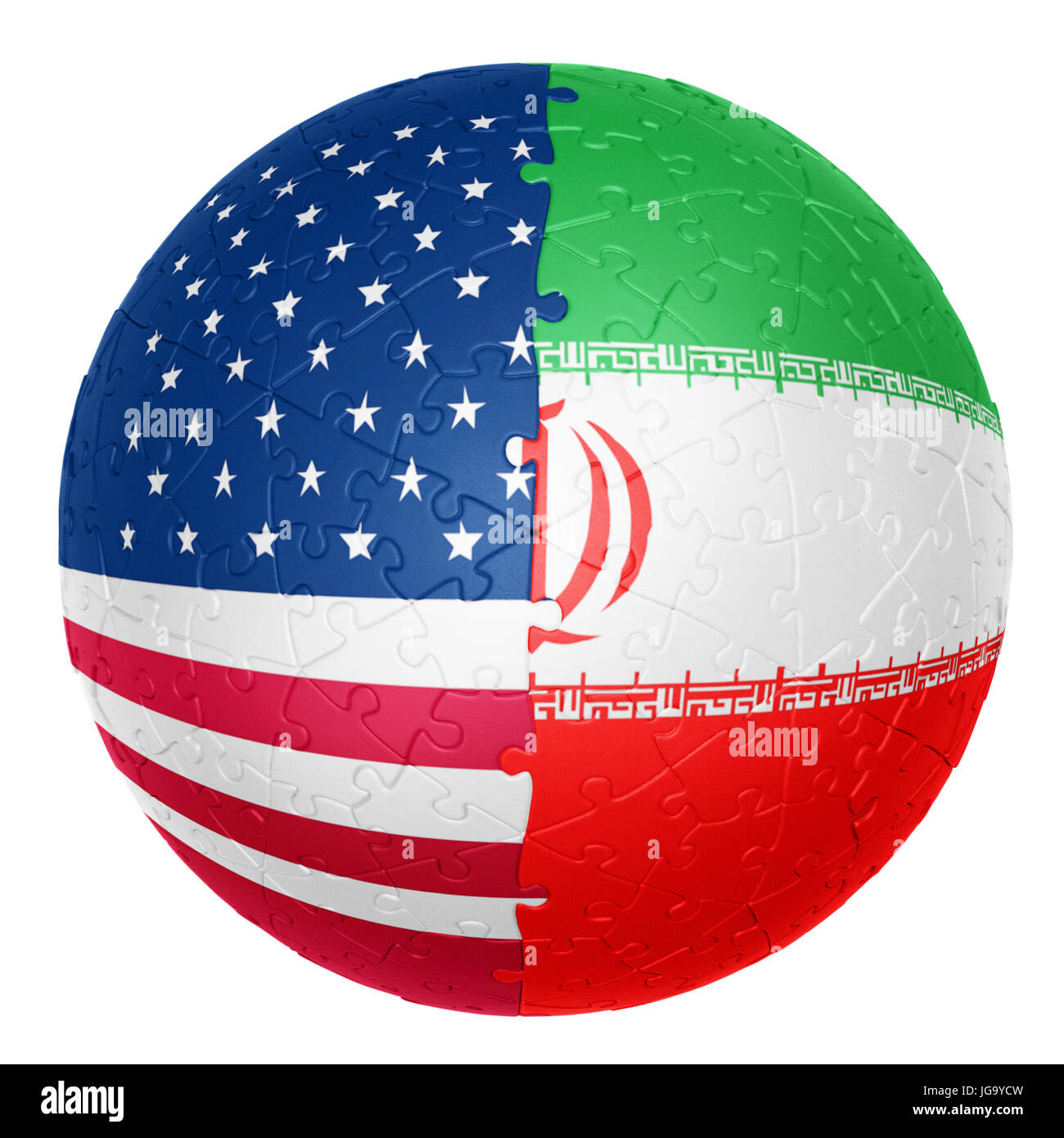 jigsaw ball one half is the USA flag the other half is the Iran flag 3D ...