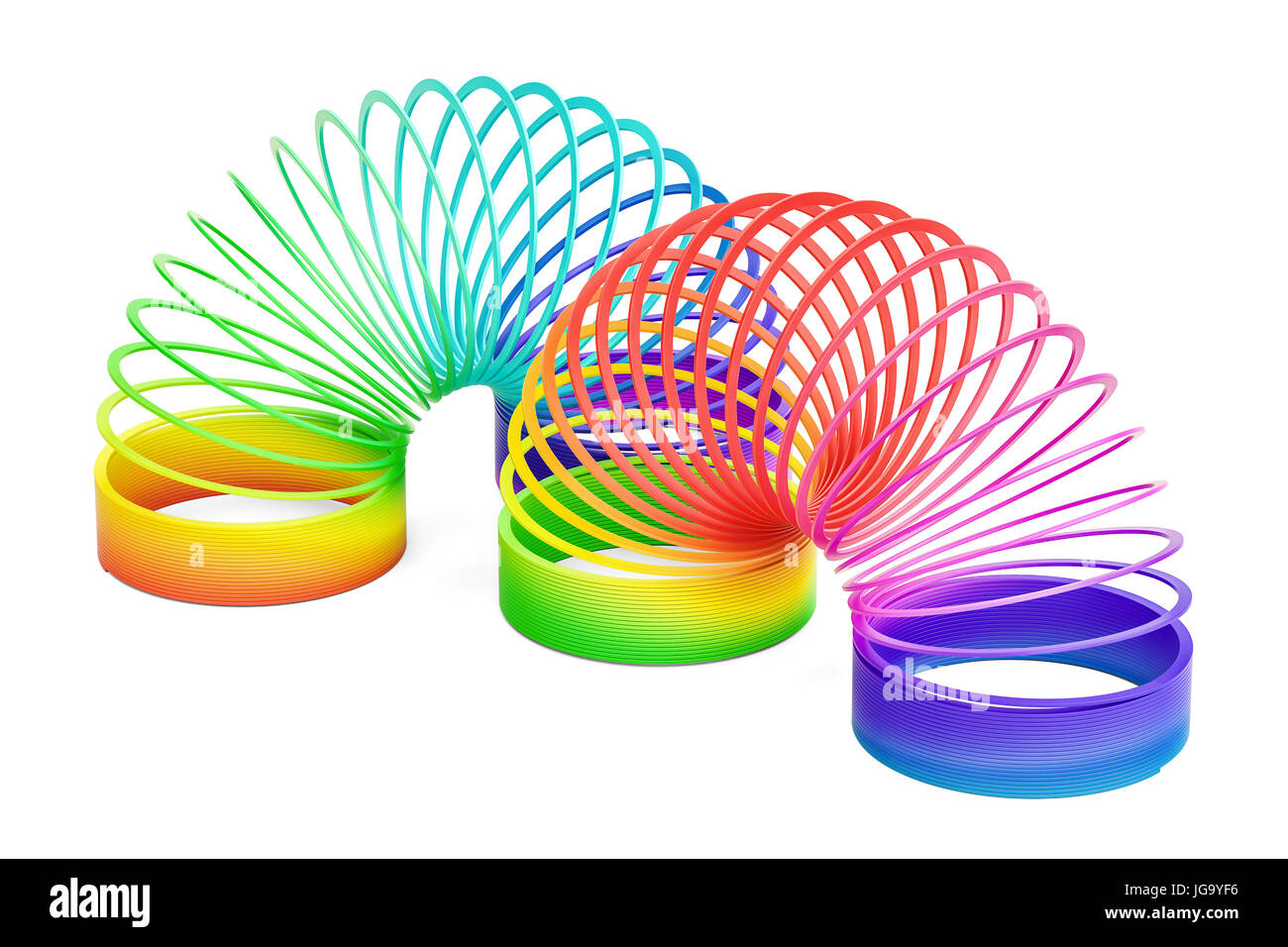 Rainbow plastic slinky toys, 3D rendering isolated on white background ...