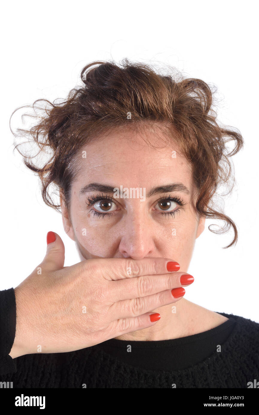 Woman middle aged cover mouth hi-res stock photography and images - Alamy
