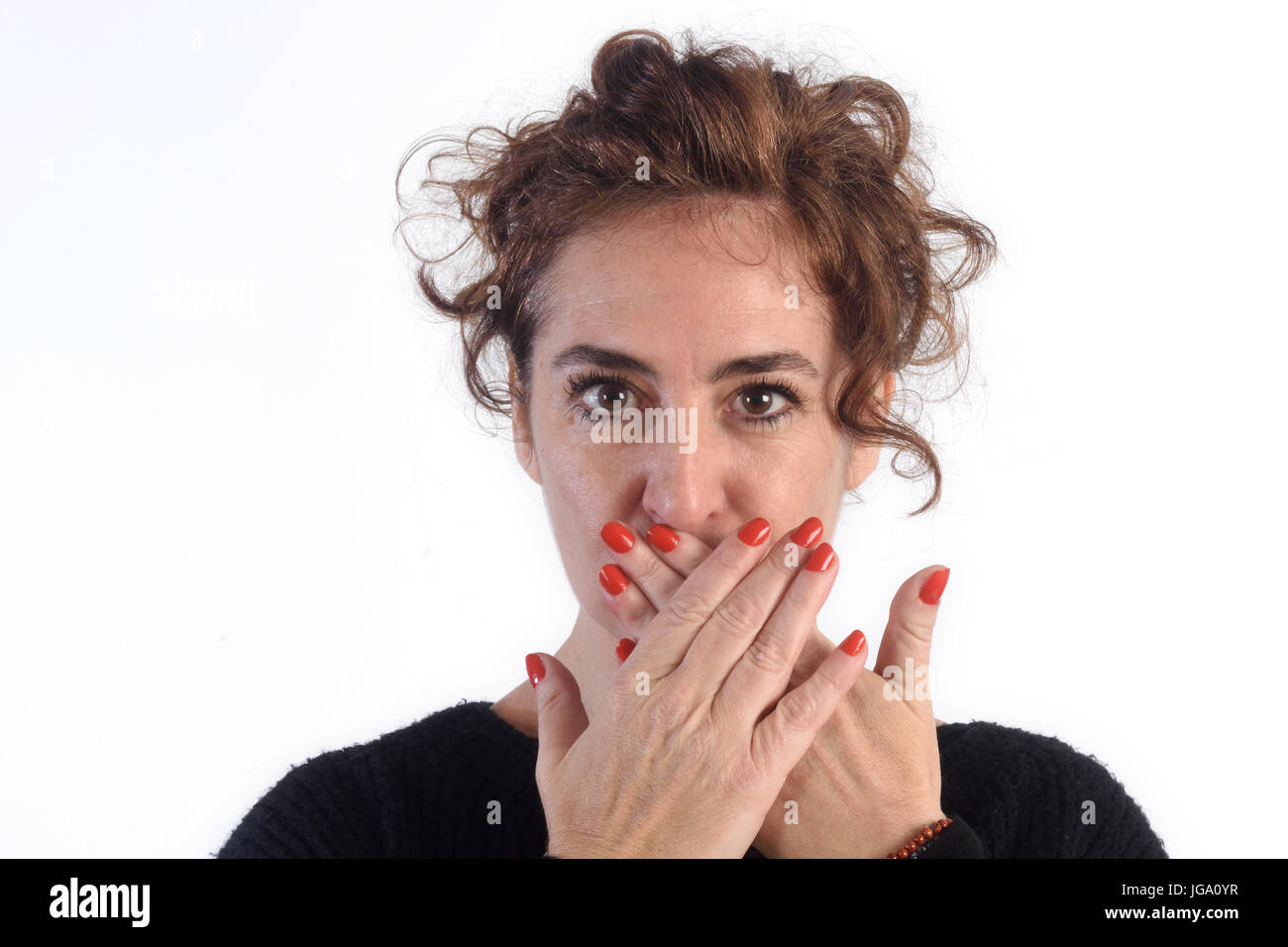 Woman middle aged cover mouth hi-res stock photography and images - Alamy