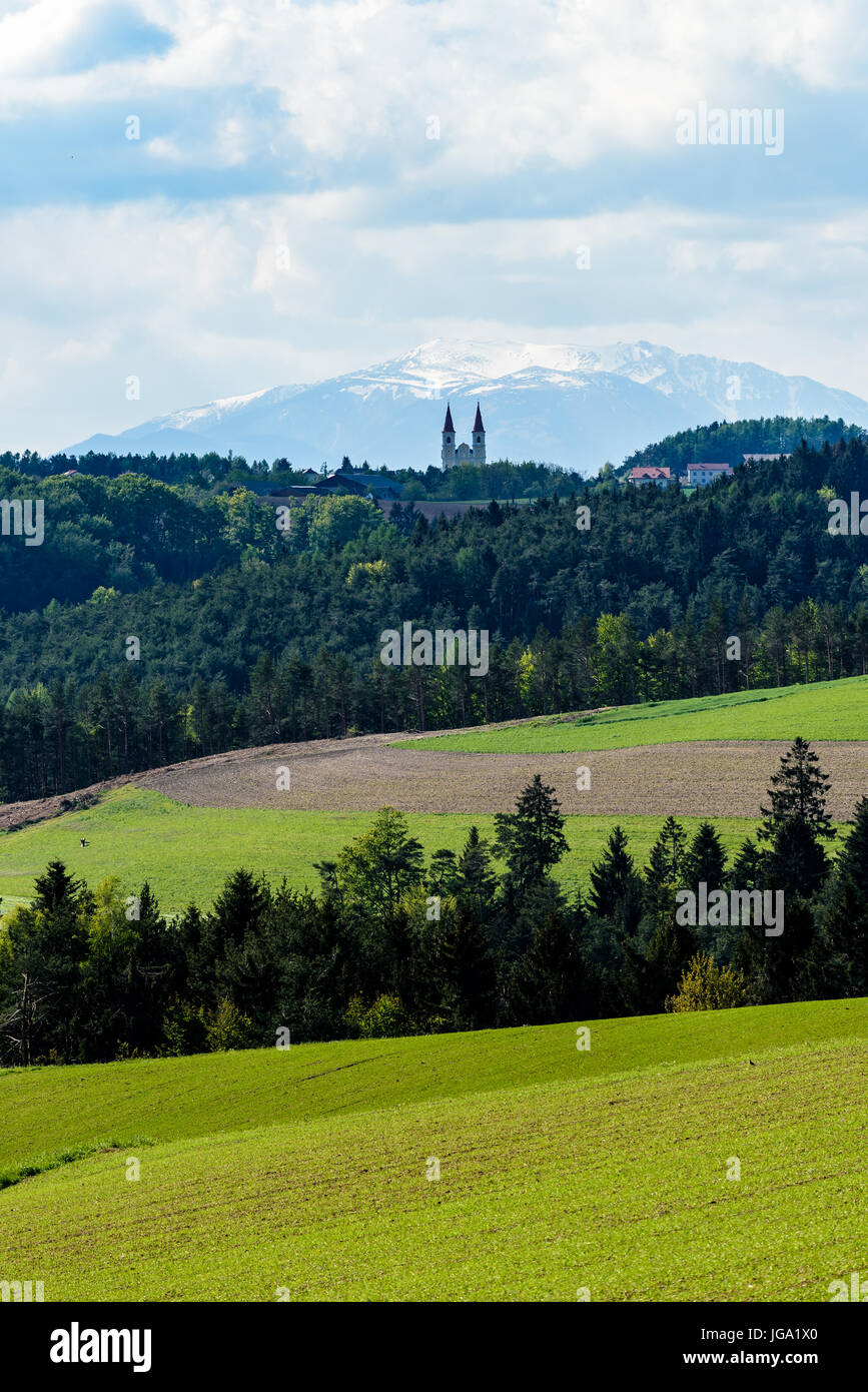 Panoramic view over a rural countryside with the pilgrimage church ...