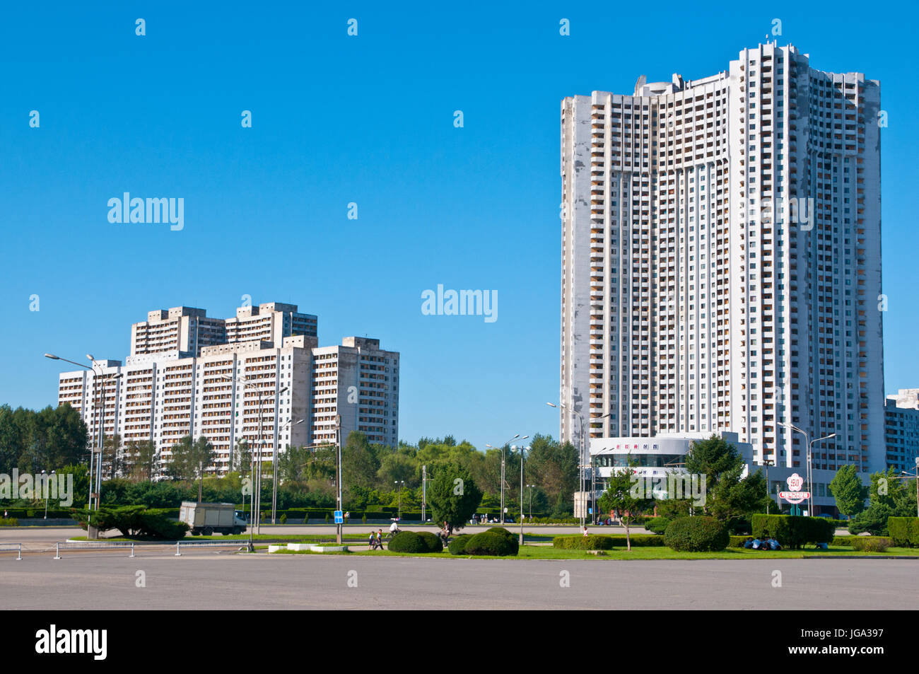 Huge communist appartment blocks on empty streets, Pyongyang, North ...