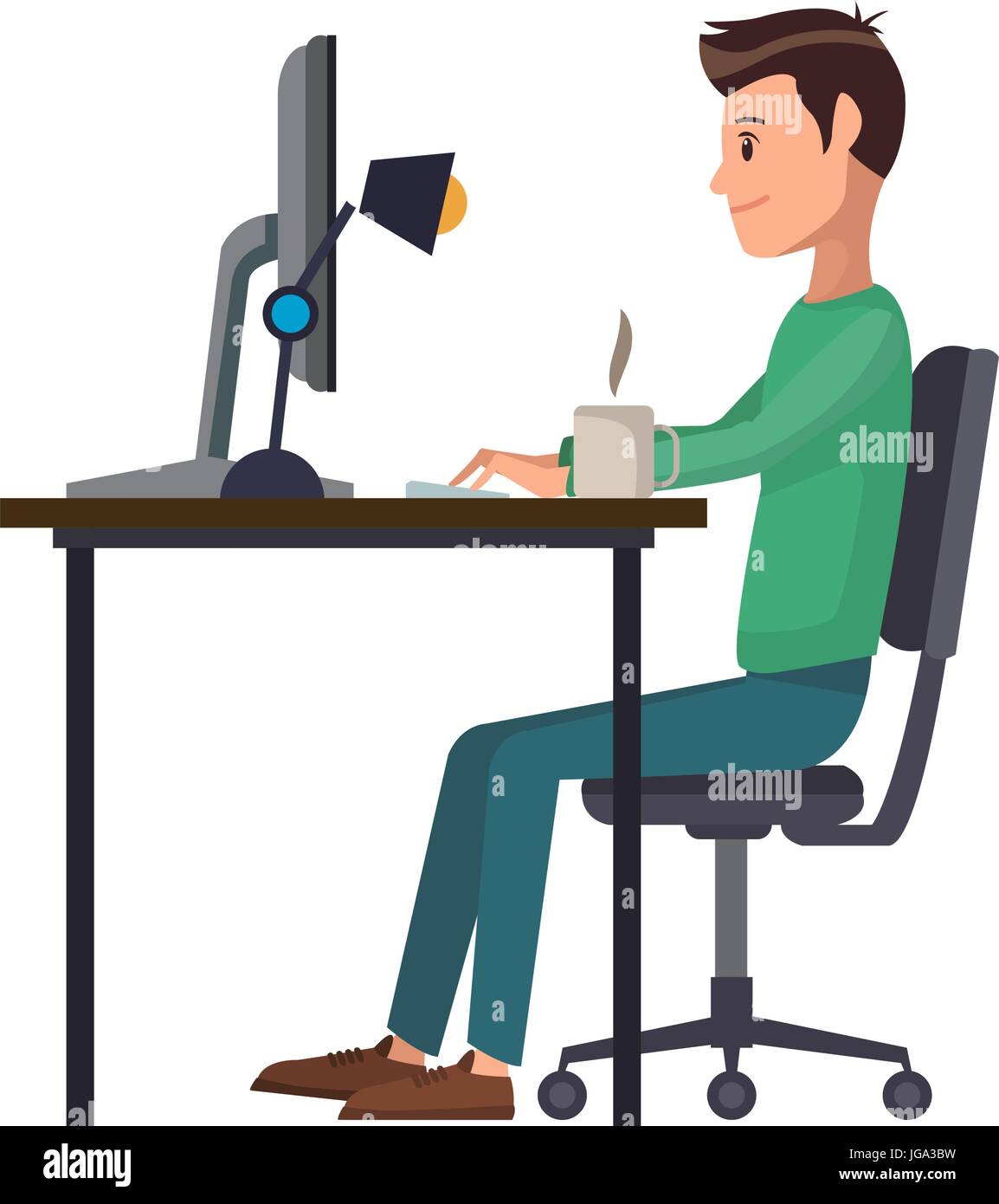 man working sitting in desk computer work space Stock Vector Image ...