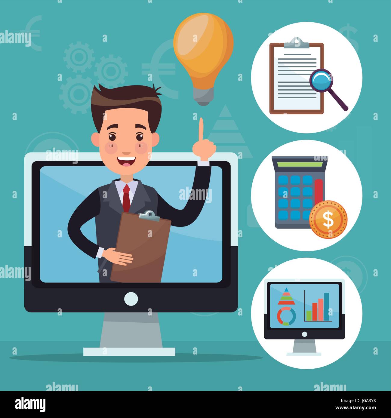 color background analytics investment icons and display computer with ...