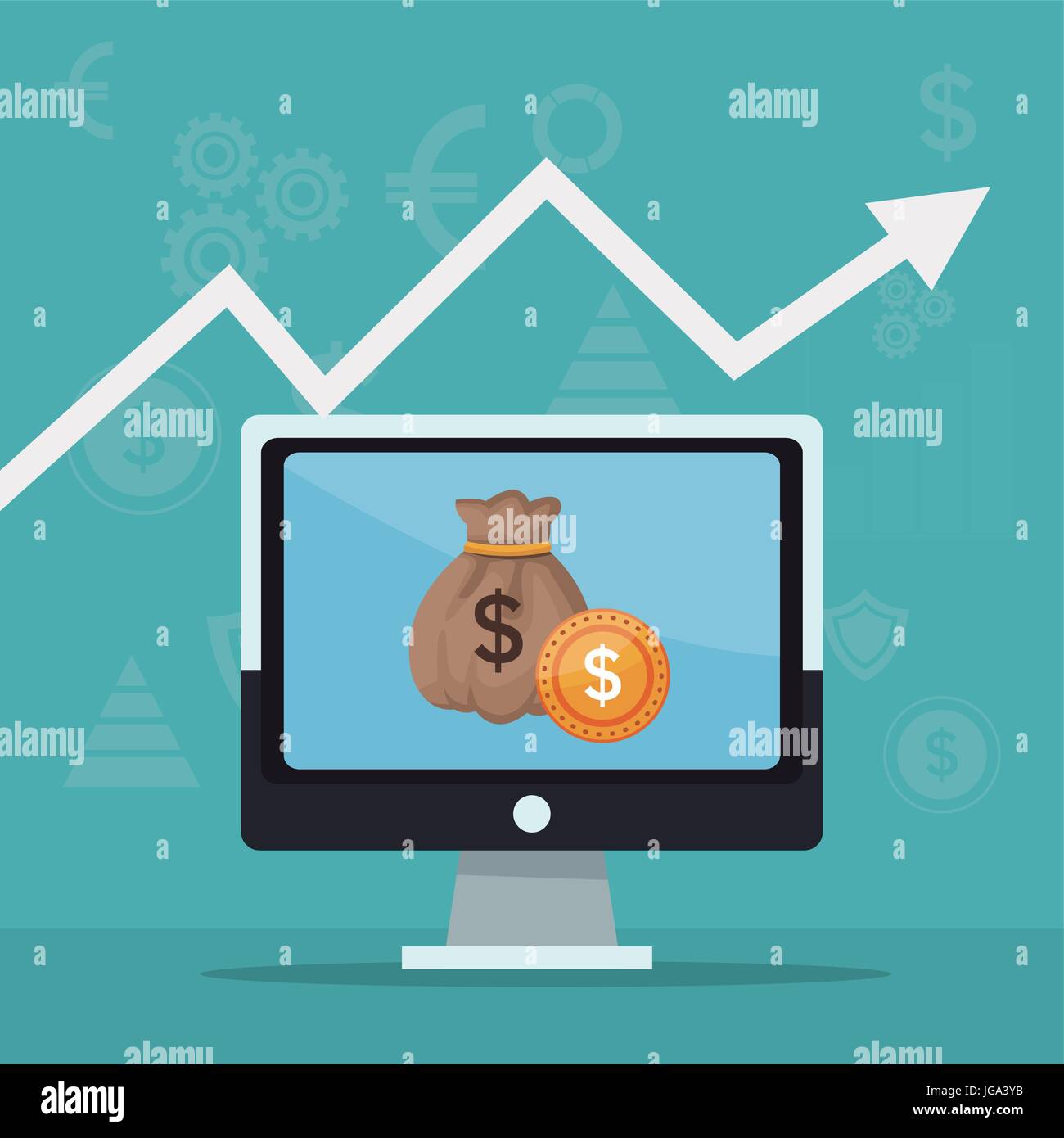 color background with display computer with money bag and growth ...