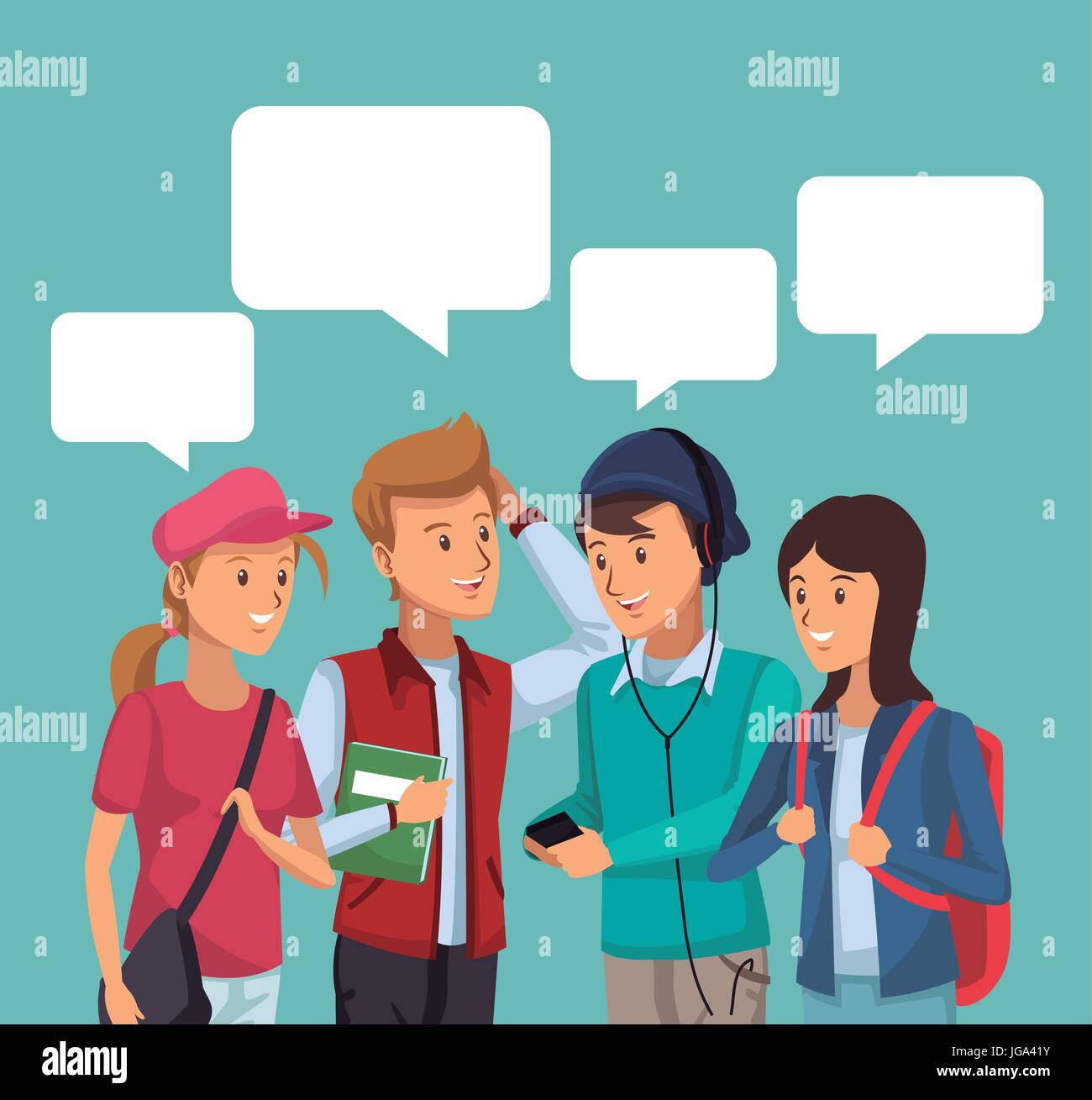 colorful scene half body group students talking with dialog boxes Stock ...