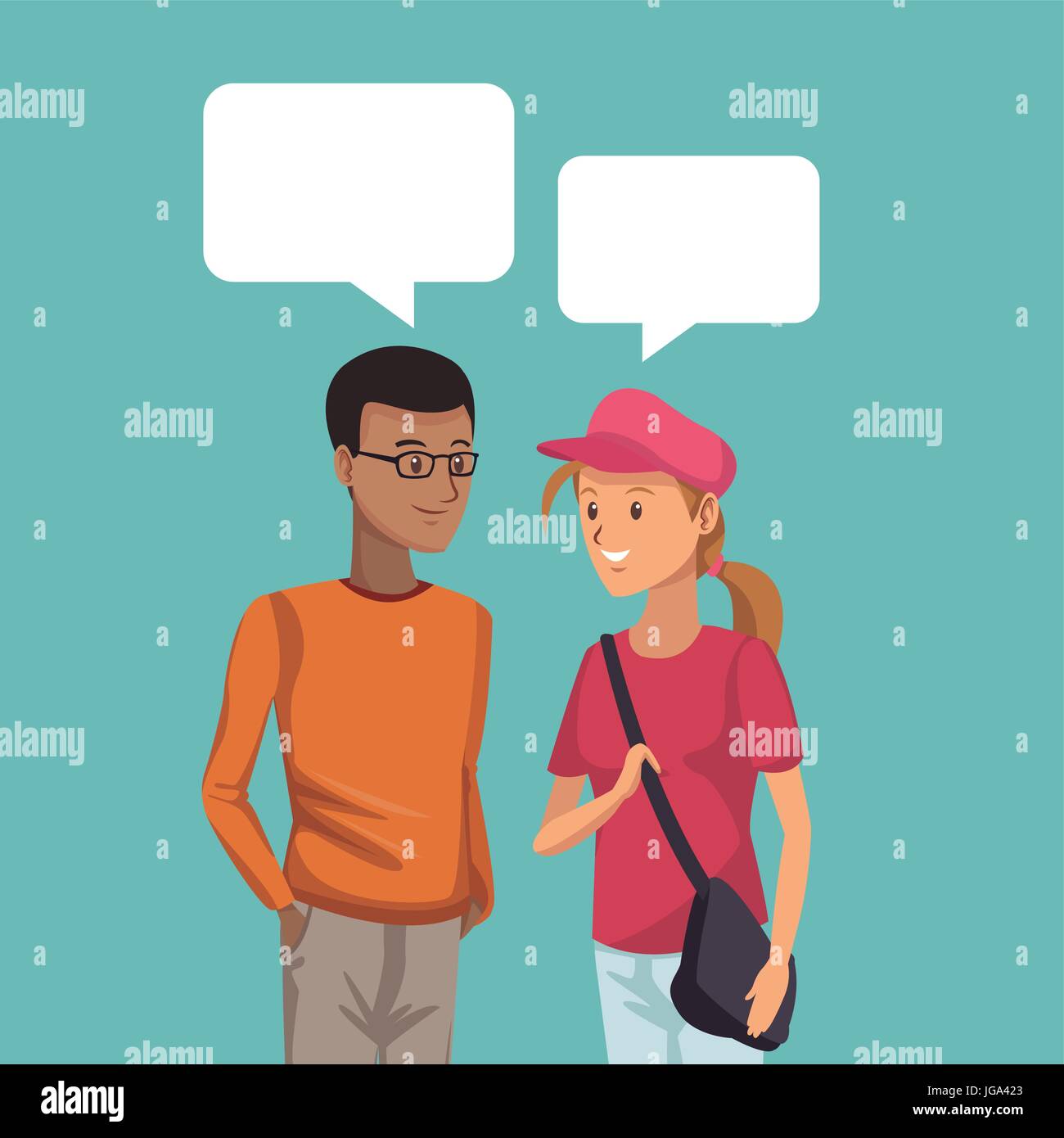 colorful scene half body couple students talking with dialog boxes boy ...