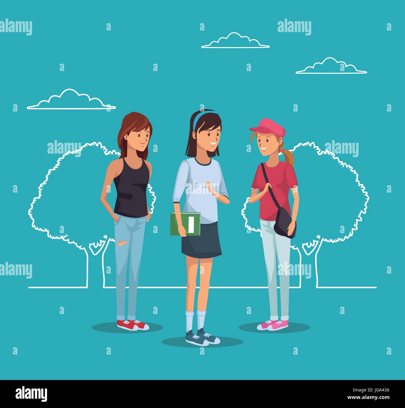 blue scene with silhouette landscape and colorful full body group women ...