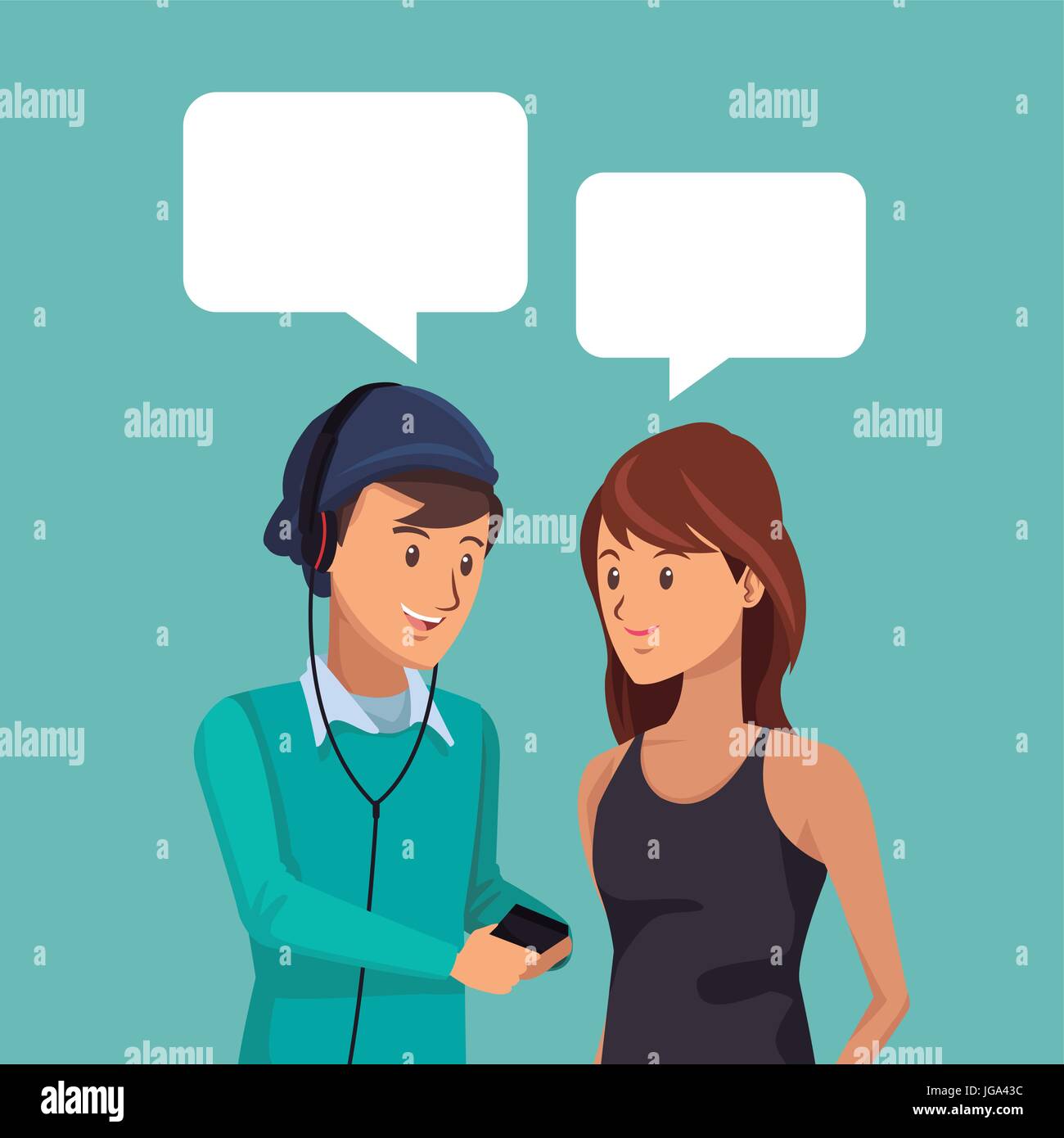 colorful scene half body pair students talking with dialog boxes Stock ...