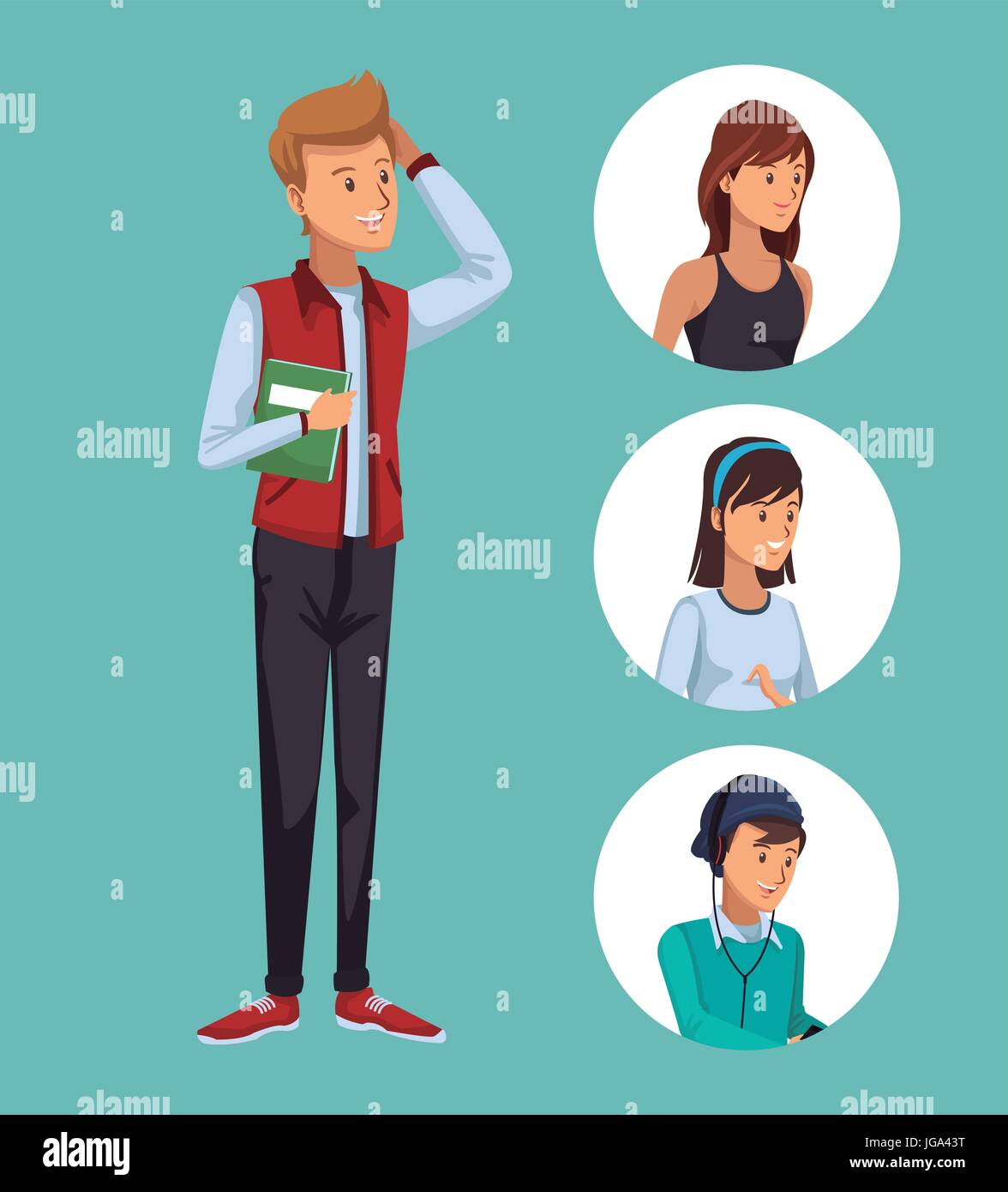 colorful boy standing and set in circular frame of people students half ...