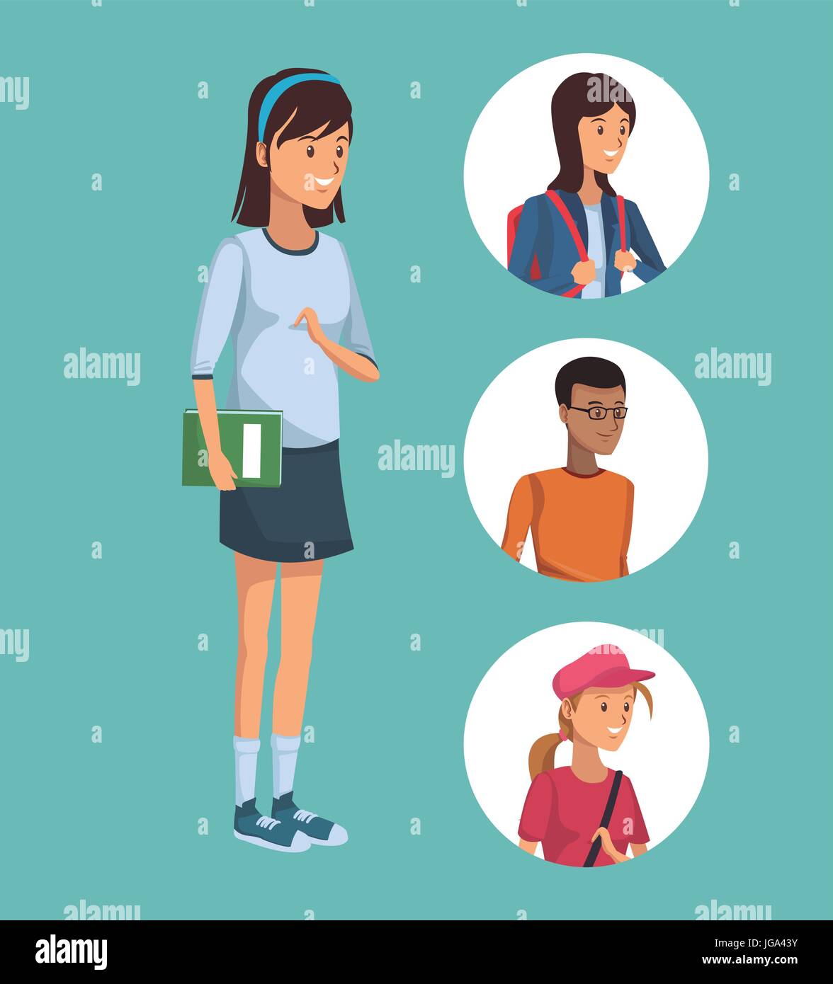 colorful girl standing and set in circular frame of people students ...