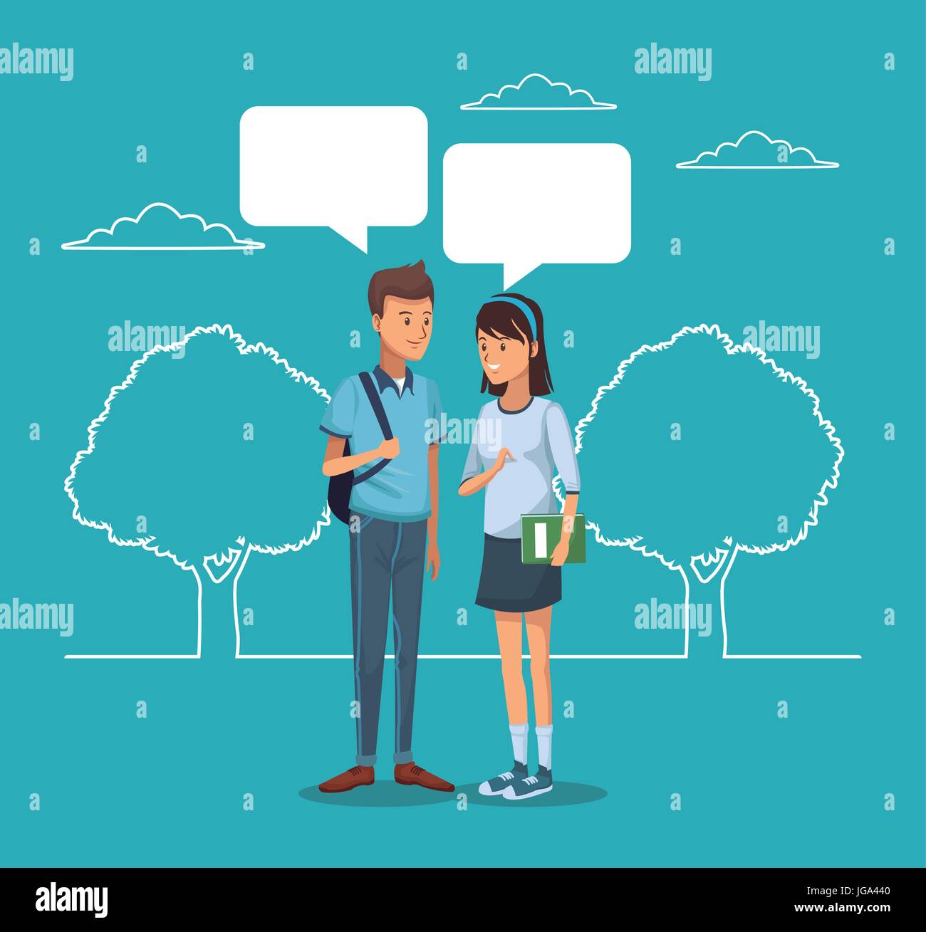 blue scene with silhouette landscape and colorful couple student ...